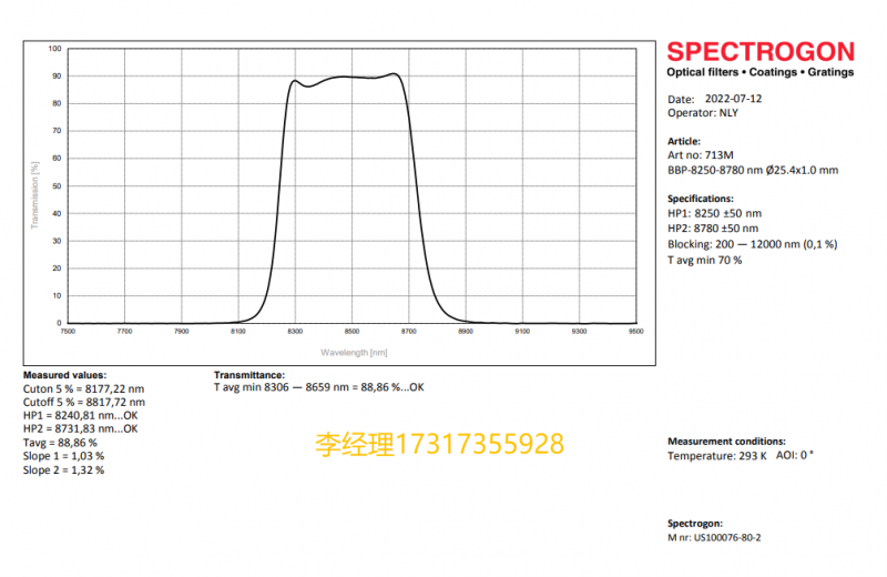代理Spectrogon BBP-8250-8780 nm光学滤光片,进口滤波片